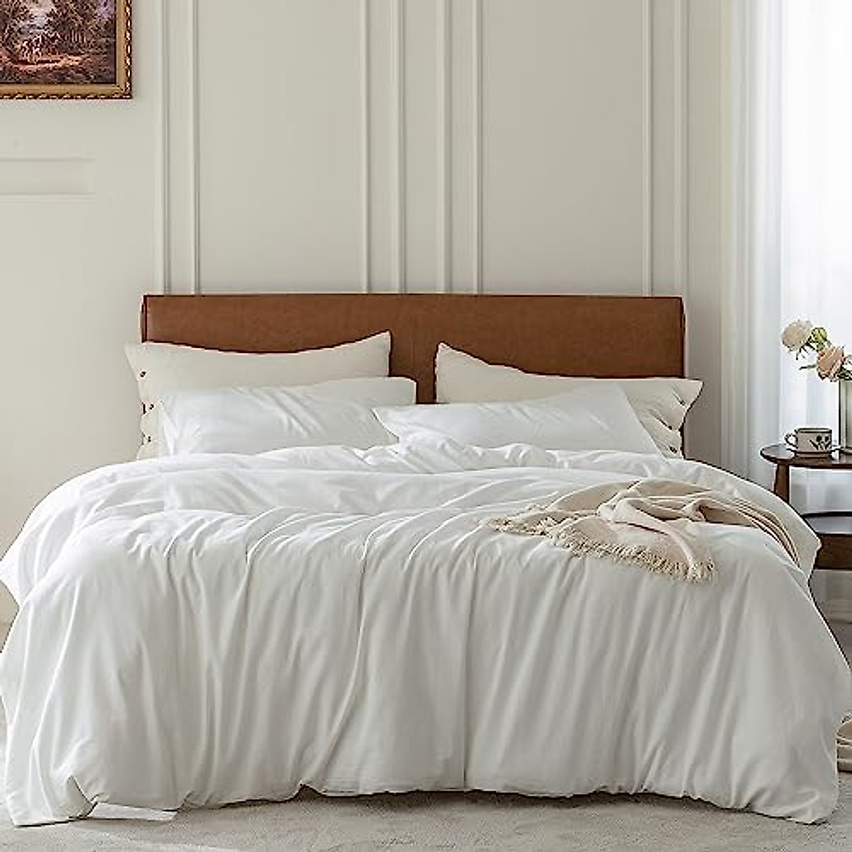FOSSA Duvet Cover Set 100% Washed Cotton 3 Pieces Bedding Set Twill Soft Cozy Breathable Sturdy Substantial with Textured Weave Solid White Queen