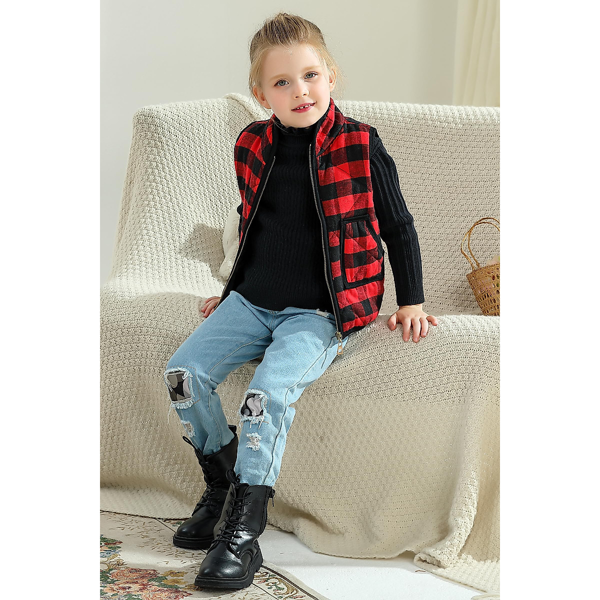 MAMAMI Kid Little Girls Puffer Lightweight Plaid Quilted Vest Cute Winter Outwear Padded Outfit(7-8 Years, Red&Black)