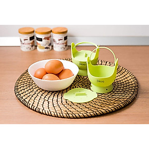 Egg Poacher - Skoo Silicone Egg Poaching Cups + Lids + Bonus eBook - Egg Cooker Set - Perfect Poached Egg Maker - For Stove Top, Microwave and Instant Pot - Pack of 2 - Green