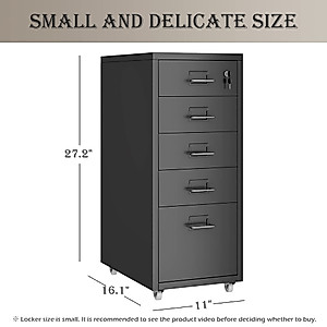 Mobile Storage Cabinet with 5 Drawers, Thickened Metal Storage Cabinet with Casters and Lock, Small Classification Storage Cabinet for Home Office and School, Black…