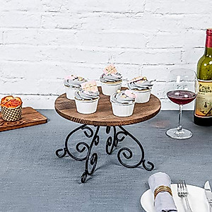 MyGift 12-inch Round Wooden Cake Stand with Rustic Burnt Wood and Black Metal Pedestal Base with Scrollwork Design