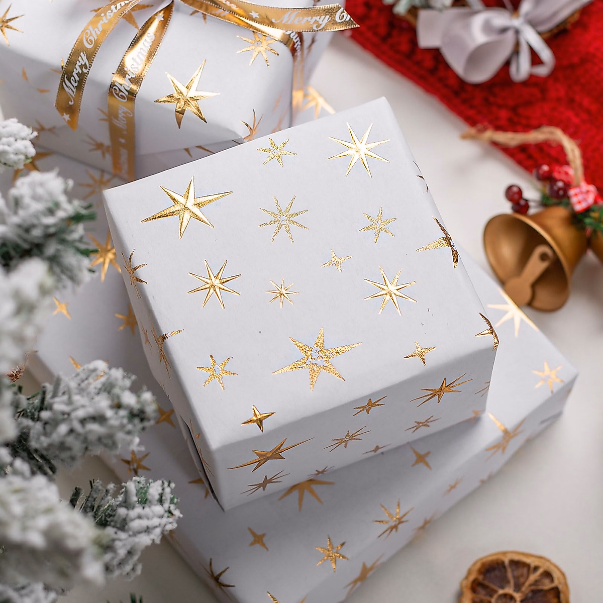 Flyhill White Wrapping Paper-17inch*197inch（ 23.4sq.ft.ttl Per Roll - White Gold 3D Embossed Foil Star Pattern for Christmas,Birthday, Party,Wedding,Bridal Shower Shower,Thanksgiving