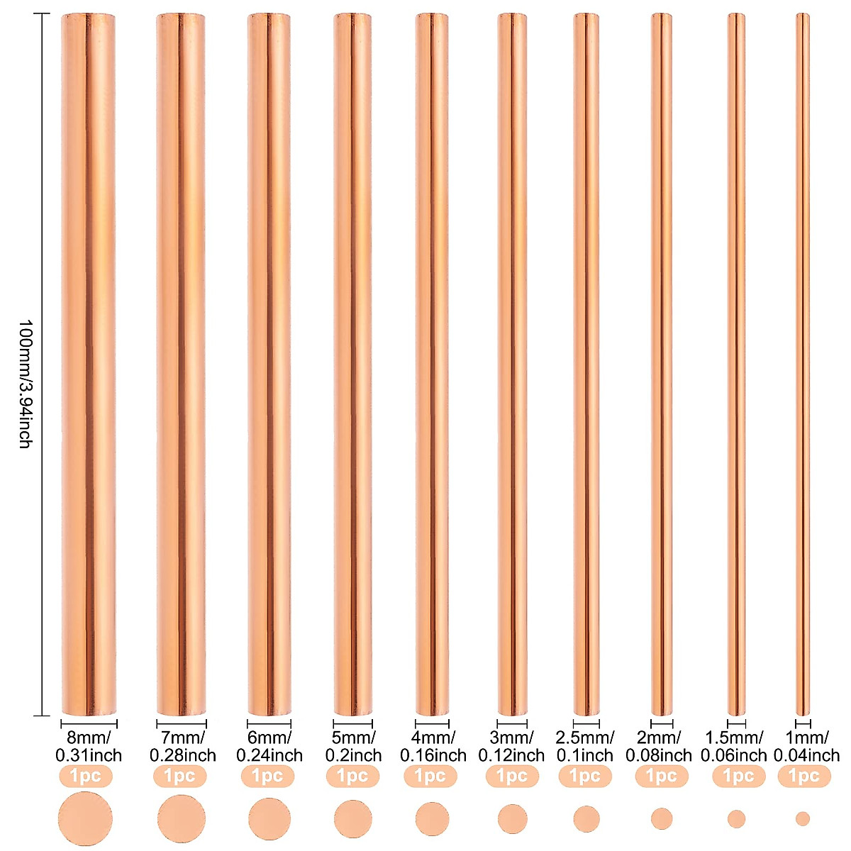 BENECREAT 10Pcs 3.9 inch Pure Copper Round Rod, 10 Size Metal Lathe Bar Red Copper Welder Rod for Welding Copper Tubes, RC Model, DIY Craft (Diameter:1mm~8mm)