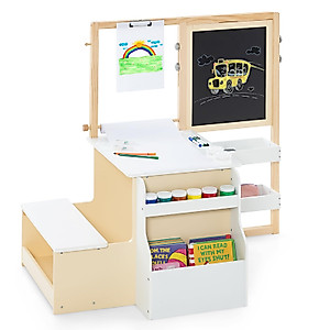 INFANS 3 in 1 Kids Art Table and Chair Set, Toddler Craft and Play Wood Activity Desk with Double-Sided Easel Blackboard Whiteboard, Paper Roll for Writing, Children Furniture for Daycare Nursery