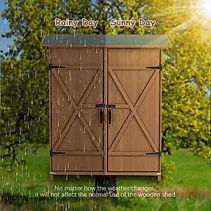 Outdoor Wooden Storage Shed with Lockable Door & Detachable Shelves, Pitch Roof, 56" L x 19.5" W x 64" H, Yellow Brown Finish, Weatherproof Garden Storage Solution