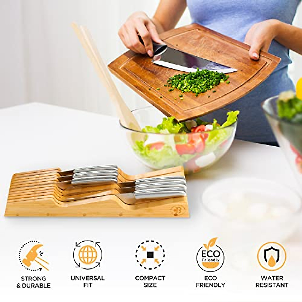 In-Drawer Knife Block Organizer - Bamboo Wood Drawer Knife Organizer - Holds 5 Long + 6 Short Knives (Not Included) - Store Knives with Blades Pointing Down