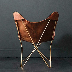 Shy Shy Let’s Touch The Sky Leather Living Room Chairs-Butterfly Chair Brown Leather Butterfly Chair-Handmade with Powder Coated Folding Iron Frame (Cover with Folding Frame) (Golden Frame)