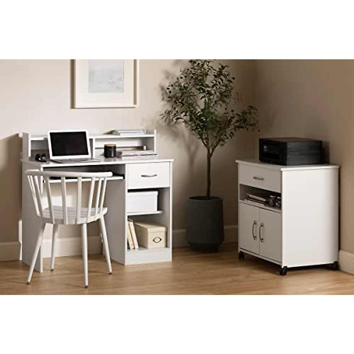 South Shore 2-Door Printer Stand with Storage on Wheels, Pure White
