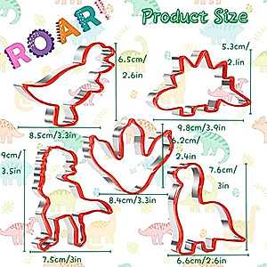 KAISHANE Dinosaur Cookie Cutters Set, 5 PCS Dinosaur Biscut Cutters Set Stainless Steel with Soft PVC Edge for Baking Fondant Cake Molds