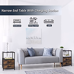 Vrisa Nightstand with Charging Station Black Bedside Table Fabric Drawers End Table with Open Shelf Night Stand with USB Port and AC Outlet for Bedroom