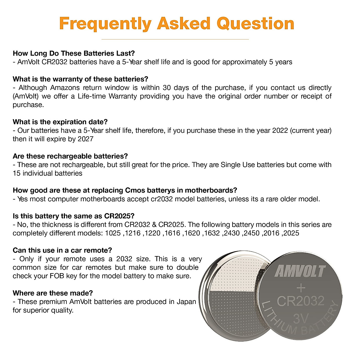 AmVolt 15 Pack CR2032 Batteries - [Extended Life] Airtag Battery 220mAh 3 Volt Lithium Replacement Airbag 3v C2032 Watch Battery Coin Round Button Cell - Key FOB - Child Resistant | 5 Year Guarantee