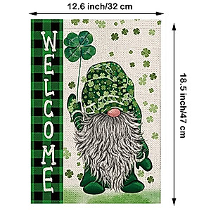 St Patricks Day Garden Flag Green Gnome Shamrocks Vertical Double Sided Burlap Flag Welcome St.Patrick's Day Holiday Yard Outdoor Decor 12.5 x 18 Inch