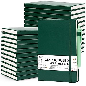 feela 24 Pack Journal Notebook for Work, Business Notebook Bulk Hardcover Lined Writing Journal with Pen Holder for Men Women Note Taking, with 24 Black Pens, 120 GSM, 5.1”x8.3”, A5, Dark Green