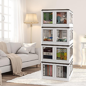 Fiazony 4 Pack 5 Door Stackable Storage Bins Open Front Door, Plastic Folding Storage Box with Wheels and Lids