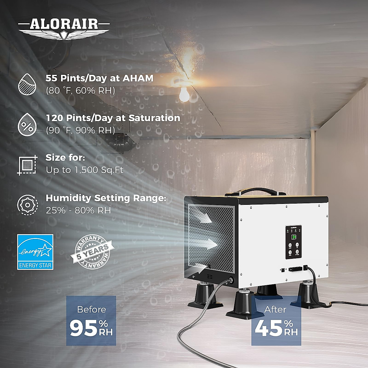 ALORAIR Crawl Space Dehumidifier, 120 PPD Energy Star Crawlspace Dehumidifiers with Drain Hose and Pump for Basement, Portable Compact Auto Defrost Under House Industry Commercial Dehumidifier