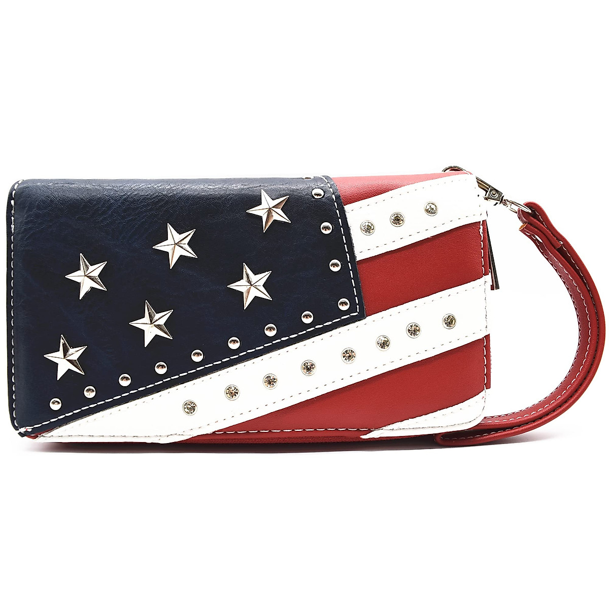 American Flag USA Stars and Stripes Patriotic Leather Purse Women Rhinestone Country Handbag Wallet Set Red White and Blue (#1 Red Set)