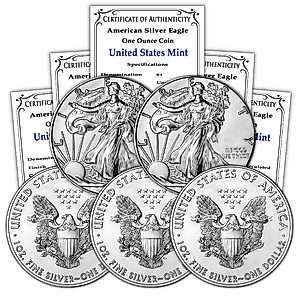 1986 - (Random Year) Lot of (5) 1 oz American Silver Eagle Coins Brilliant Uncirculated (Type 1) with Certificates of Authenticity $1 Seller BU