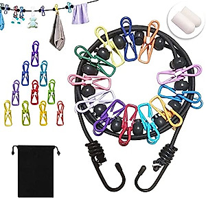 Portable Clothesline with 12 Colorful Clothespins, Windproof Travel Clothesline Stretchy Retractable Elastic Laundry Clothes Line for Backyard, Vacation Hotel, Balcony and Indoor Use
