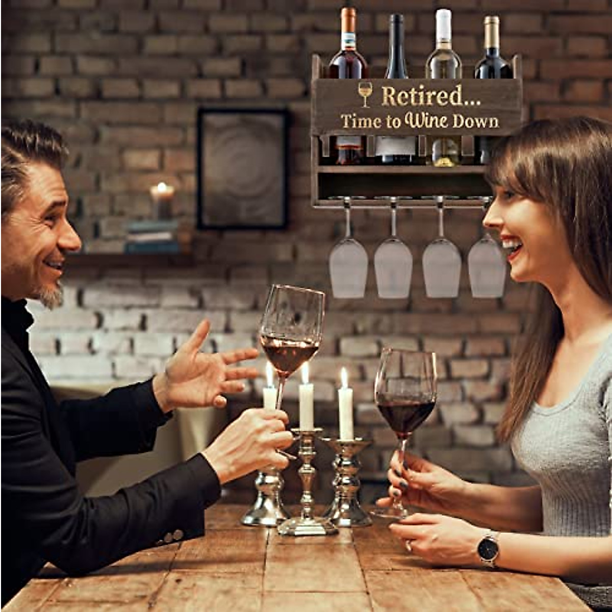 Wall Mounted Wine Rack - Men Women Retirement Gifts - Unique Retired Gifts for Dad, Mom - Gift Idea for Moms, Grandma, Aunt, Mother in law, Dads, Grandpa - Retirees Presents - Includes 4 Wine Glasses