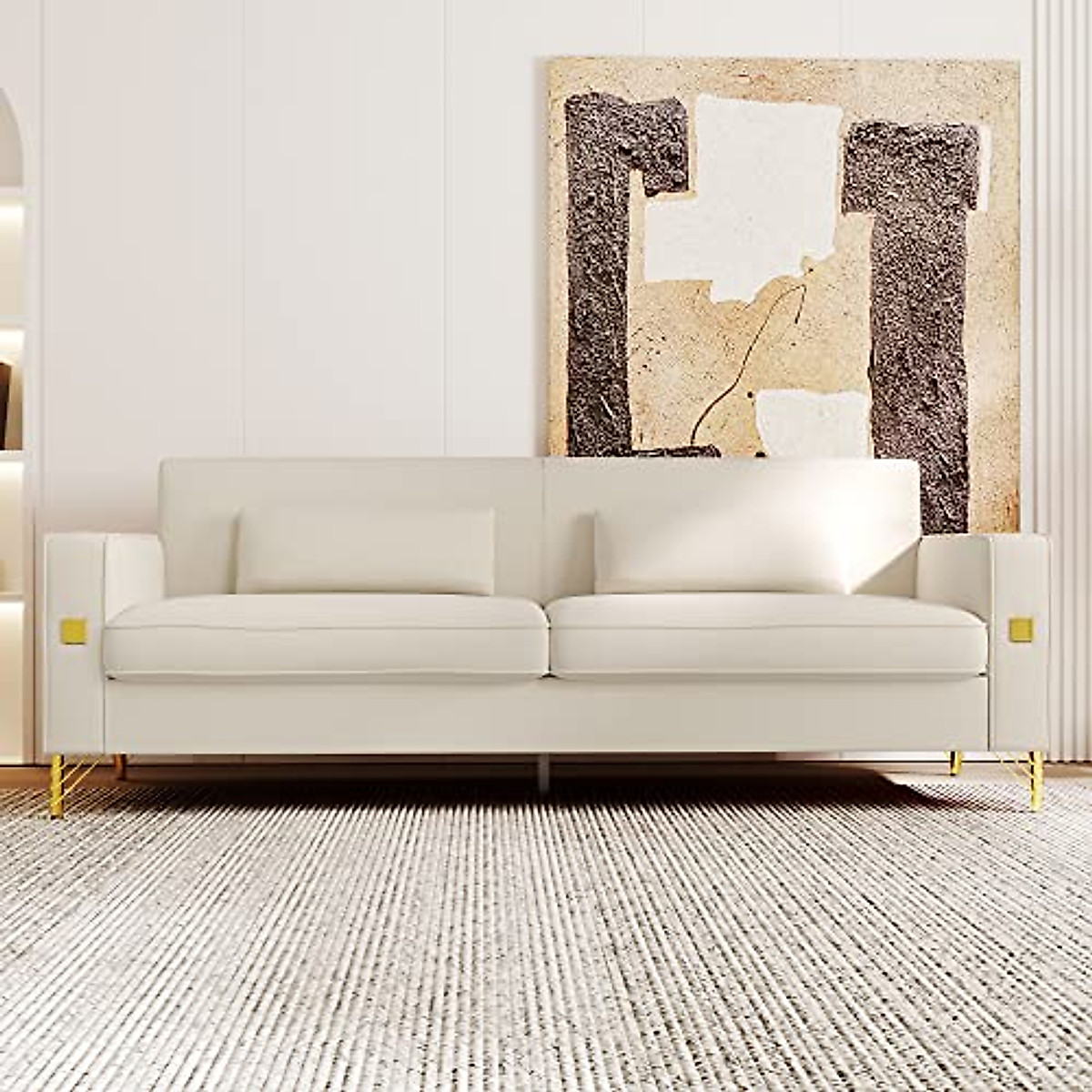 Lostcat Velvet Sofa Couch Mid Century Modern Upholstered 3-Seater Loveseat with 2 Pillows and Armrest for Living Room, Apartment and Small Space, Cream White