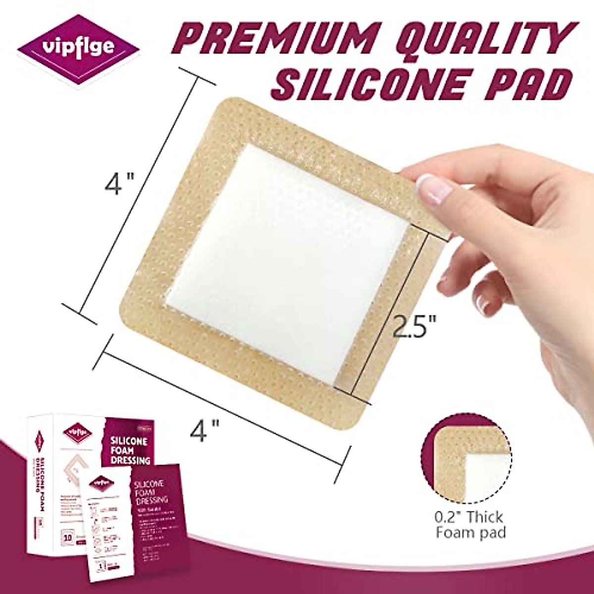 Silicone Foam Dressing with Gentle Adhesive Border 4'' x 4'' 10 Pack, High Absorbency Foam Wound Bandage for Bed Sore, Pressure Ulcer, Diabetic Foot Ulcer, Leg Ulcer