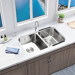 KABCO 32 Inch Big Double Equal Bowl Stainless Steel Classic Kitchen Sink, Rust Sound and Heatproof Undermount Sink with Sink Strainers, Removable Baskets, Sink Grids, and a Rolling Up Grid