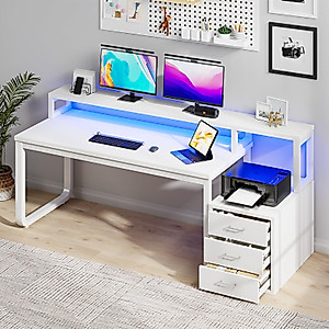White Desk with 3 Drawers, 67 Inch White Computer Desk with Long Hutch, Home Office Desk with Storage, Home Office Desk with LED Light and Printer Stand, Heavy Duty Leg, Monitor Shelf for Bedroom