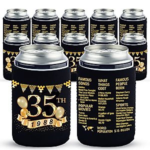 Yangmics 35th Birthday Can Cooler Sleeves Pack of 12-35th Anniversary Decorations- 1988 Sign - 35th Birthday Party Supplies - Black and Gold the thirty-fifth Birthday Cup Coolers