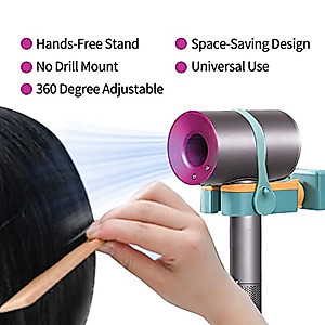 Hair Dryer Holder Wall Mounted, Rotatable Hair Dryer Holder No Drill Blow Dryer Holder Handsfree Adjustable Hair Dryer Stand Hairdryer Holder for Bathroom Wall Cabinet Door Hair Dryer Organizer