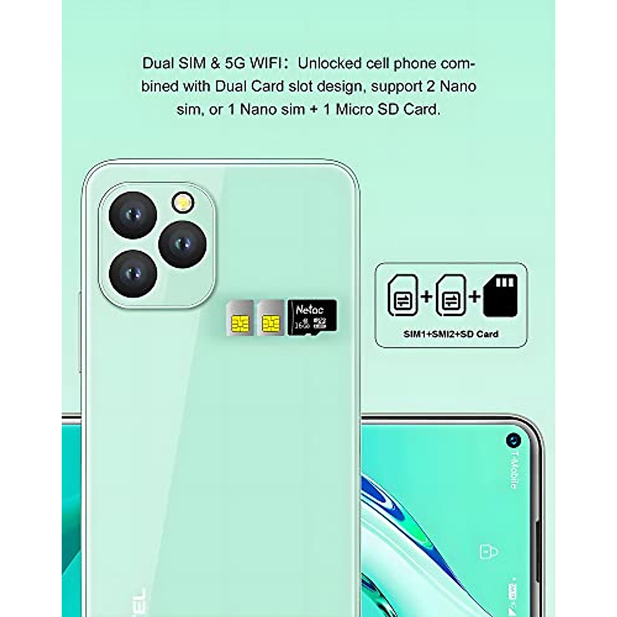 SANSHREUNI C21 Pro Android 12 5G Unlocked Smartphone, 6.8" HD Screen Unlocked Cell Phone, 4GB+256GB, 108MP Main Camera 6500mAH Battery Dual Analog Face/Fingerprint ID OTG