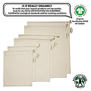 Simple Ecology Reusable Grocery Produce Shopping and Storage Bags, Organic Cotton Muslin, Set of 6 (2 ea. of L, M, S)