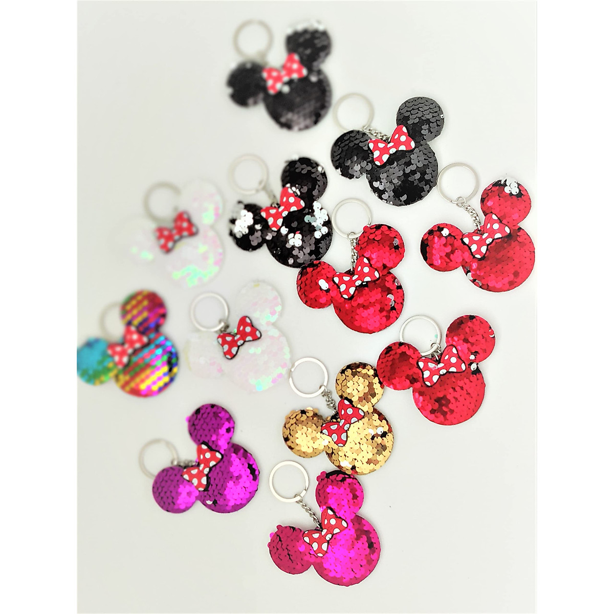 ITISMINE 12 pieces Sparkly BLINK Plush Reversible Sequin 3 inch Key Chain Appeal Backpack Bag Accessories (Minnie Shape), Red Pink Gold Silver Rainbow, 1 size fit all