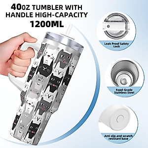 deaokluy 40 OZ Cute Cat Ice Bully Cup with Handle Straw Lid, Double Wall Stainless Steel Tumbler Travel Coffee Cup, Cartoon Insulation and Cooling Cup for Christmas Birthday Present