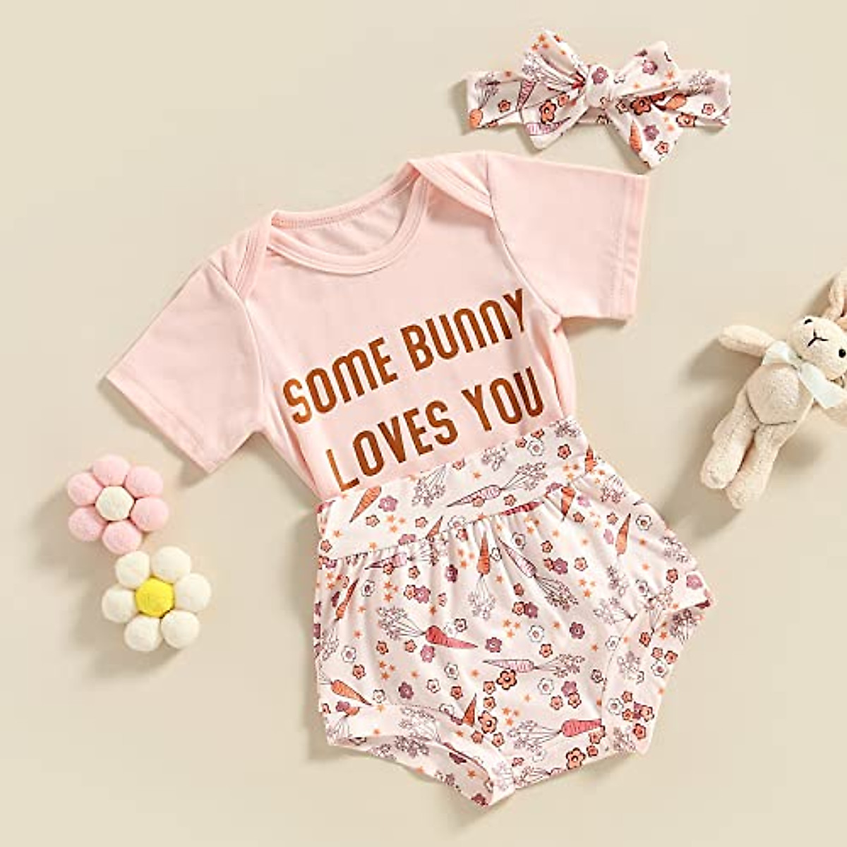 Easter Baby Girl Outfit - Some Bunny Loves You Short Sleeve Romper Bodysuit Carrot Short Baby Girl Easter Outfits (Pink# Bunny Love, 0-6 Months)