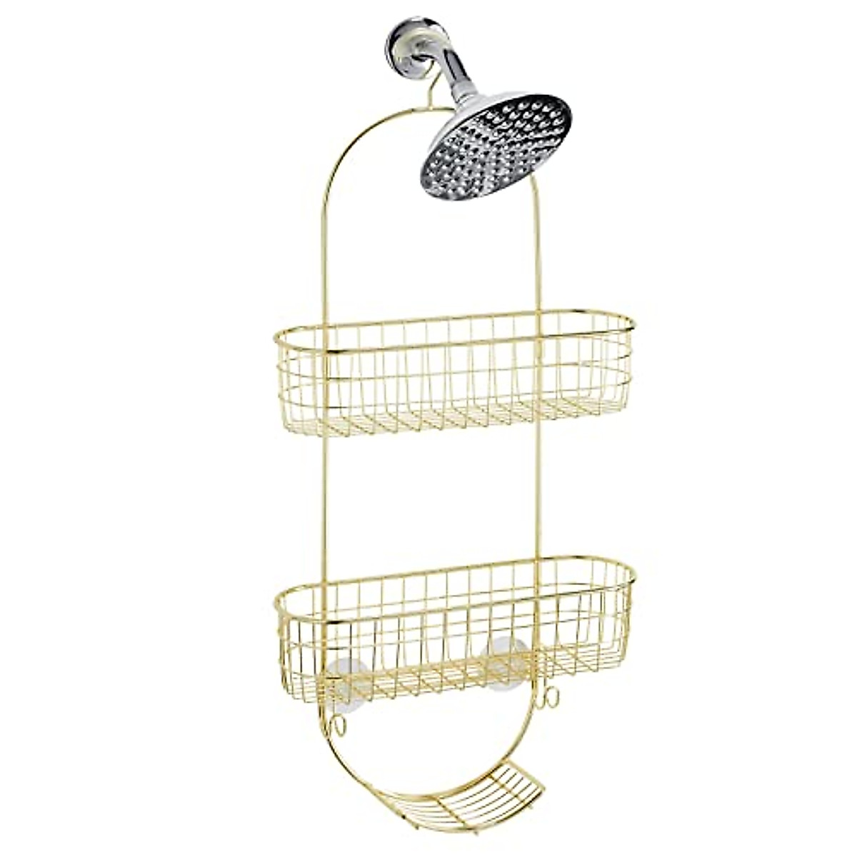 mDesign Steel Metal Curved Bathroom/Shower Caddy, Hanging Storage Organizer for Shampoo and Conditioner Bottles - 2-Tier Rack with Baskets - Holder for Soap, Body Wash, Concerto Collection, Soft Brass
