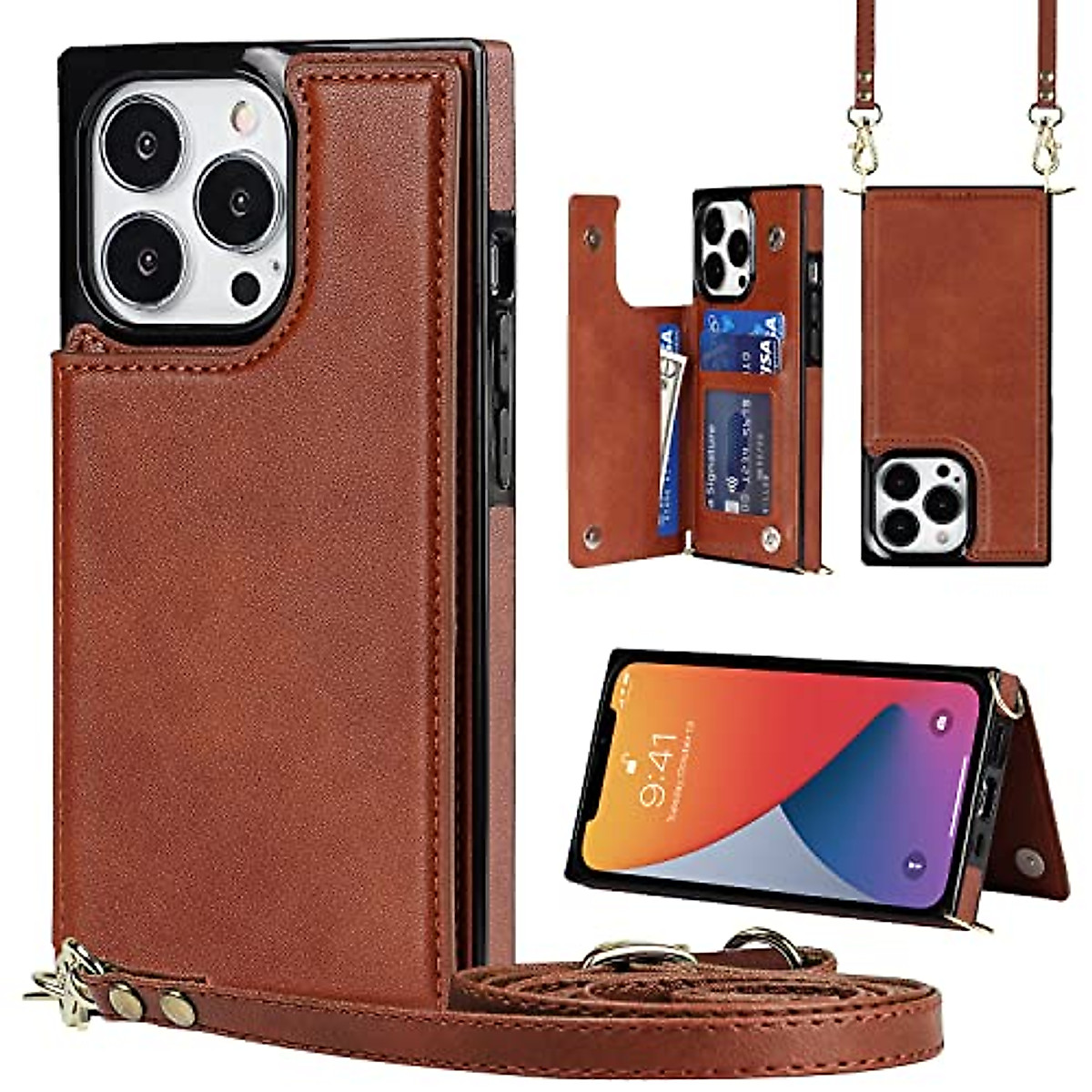 DEFBSC Compatible with iPhone 13 Pro Max Case, Crossbody Wallet Case, Adjustable Detachable Lanyard Neck Strap with Kickstand Leather Card Holder Protective Cover-Brown