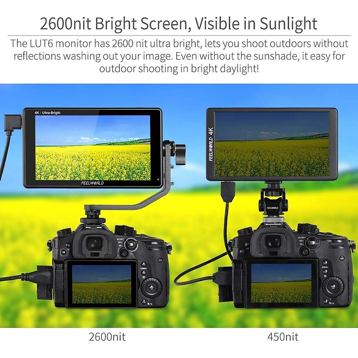 FEELWORLD LUT6 6 Inch 2600nits HDR 3D LUT Touch Screen DSLR Camera Field Monitor with Waveform VectorScope Histogram 4K HDMI Input Output 1920X1080 IPS Panel