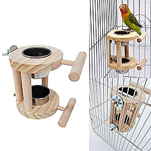 kathson Bird Feeding Cups with Wooden Platform, Bird Bowls Hanging Stainless Steel Parrot Cage Feeder & Water Bowl Parakeet Feeder Bird Perches Stand Cage Accessories for Parakeet Budgies