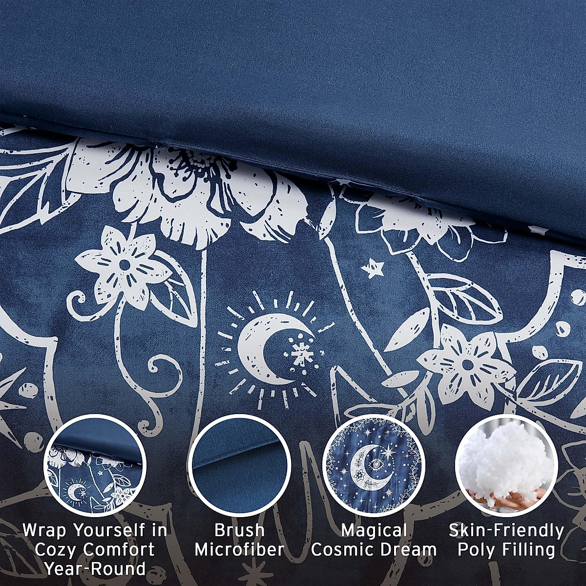 Intelligent Design Queen Duvet Cover Set Cosmic, Moon and Sun Celestial Print Duvet Cover Queen Size, Lightweight All Season Bedding Cover Queen, Sham, Décor Pillow, Stella, Full/Queen, Navy 5 Piece