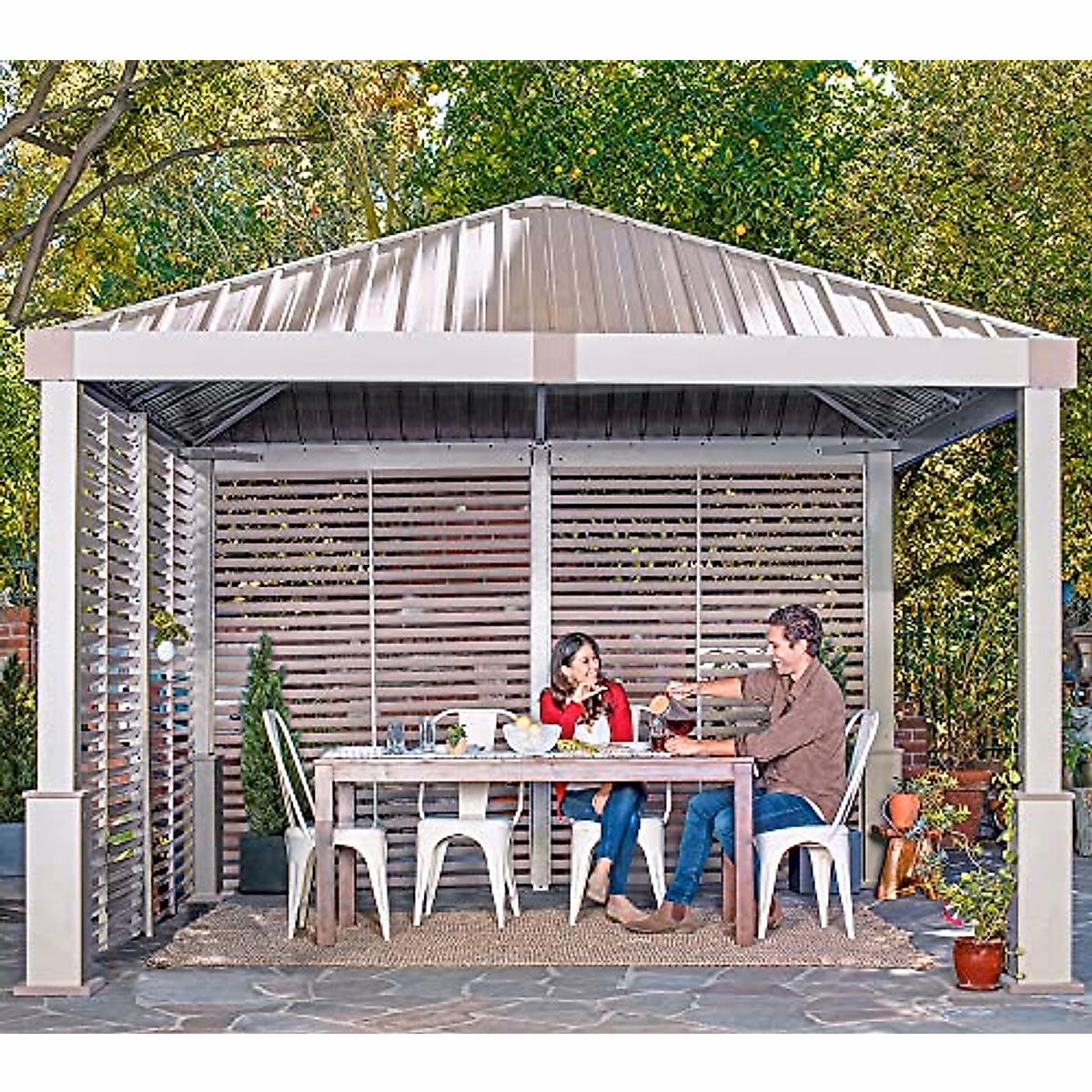 Sojag 12' x 12' Nanda Hardtop Gazebo Outdoor Weather-Resistant Aluminum Frame Shelter with Mosquito Net Champagne