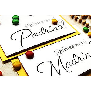 Spanish Will you be my Godparents Cards (Madrina & Padrino) - Godmother & Godfather Proposals in Black-and-White Lettering, with Golden Shimmer Envelopes (Set of 2 cards) (Madrina & Padrino)