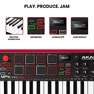 AKAI Professional MPK Mini Play – USB MIDI Keyboard Controller With a Built in Speaker, 25 mini Keys, Drum Pads and 128 Instrument Sounds