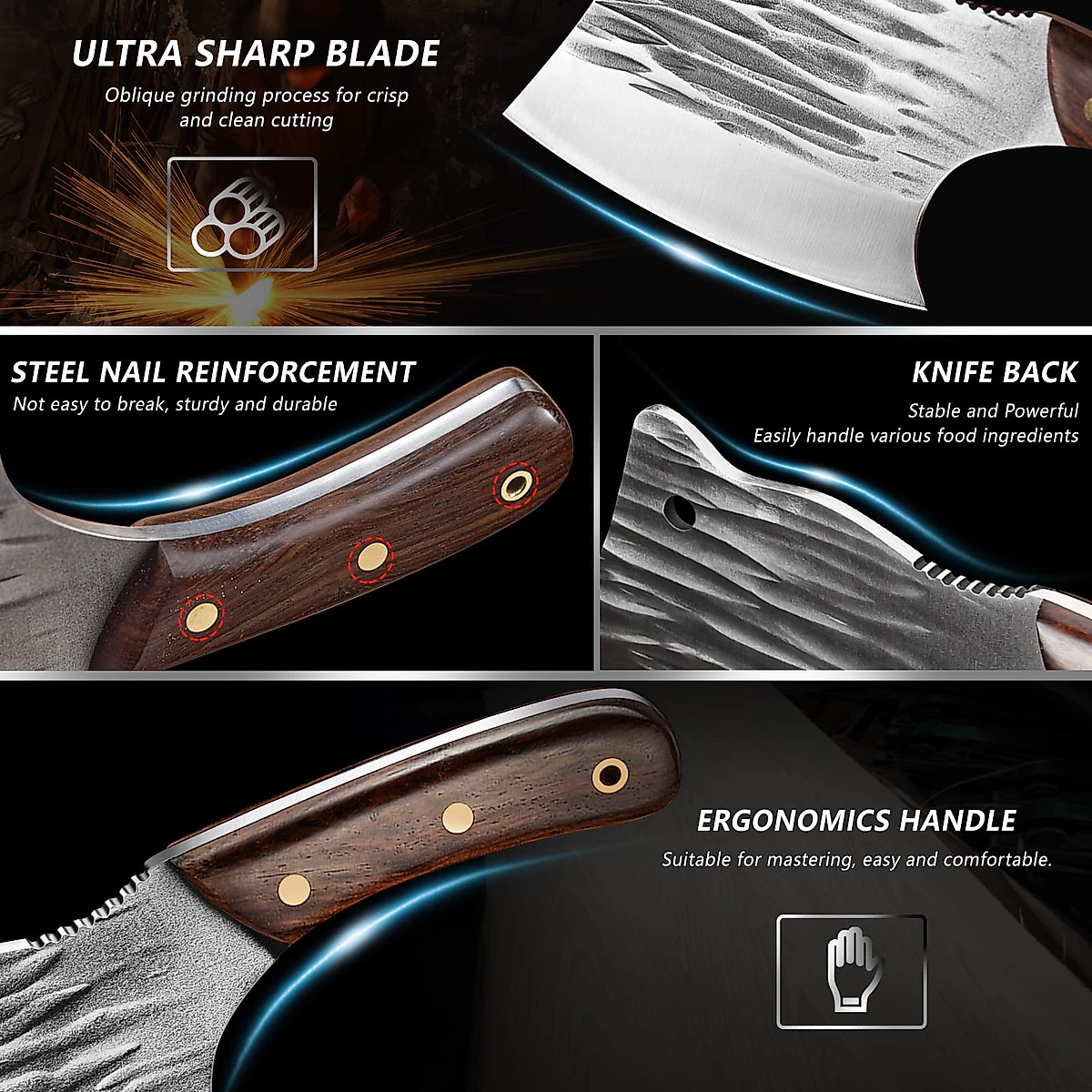 ZENG Meat Cleaver Knife, Butcher Knife, Cleaver Knife with Full Tang Handle, Hand Forged Chef Knife Stainless Steel Kitchen Knife for Camping Outdoor Restaurant