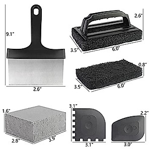 Griddle Cleaning Kit 8 Pcs, Grill Accessories Cleaner Tool Set-1 Stainless Steel 6" Scraper, 2 Scouring Pads,1 Scouring Pads with Handle, 2 Cleaning Bricks, 1 Pan Scraper