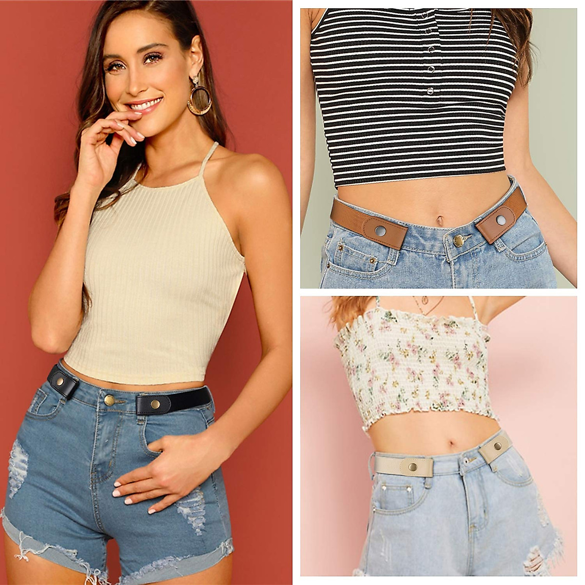 WHIPPY 4 Pieces No Buckle Stretch Women Belt for Jeans Pants, Buckle Free Comfortable Invisible Elastic Belts (Black Khaki Blue Brown, Fit Pants Size 32-48 Inches)