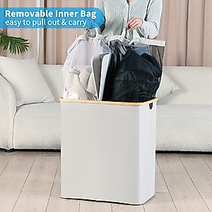 efluky Double Laundry Hamper with Lid, Divided Laundry Hamper with Removable Bags, 2 Section Dirty Clothes Basket with Handles for Bathroom, Bedroom & Laundry Room, 140L Light Grey