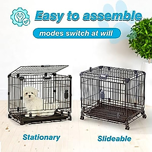 Docal Heavy Duty Dog Crate with Wheels, Easy to Assemble Medium Dog Kennel Dog Playpen with Double Door and Drawer Leak-Proof Tray, Multiple Stackable Thick Sturdy Carbon Steel Pet Cage，Black 24 inch