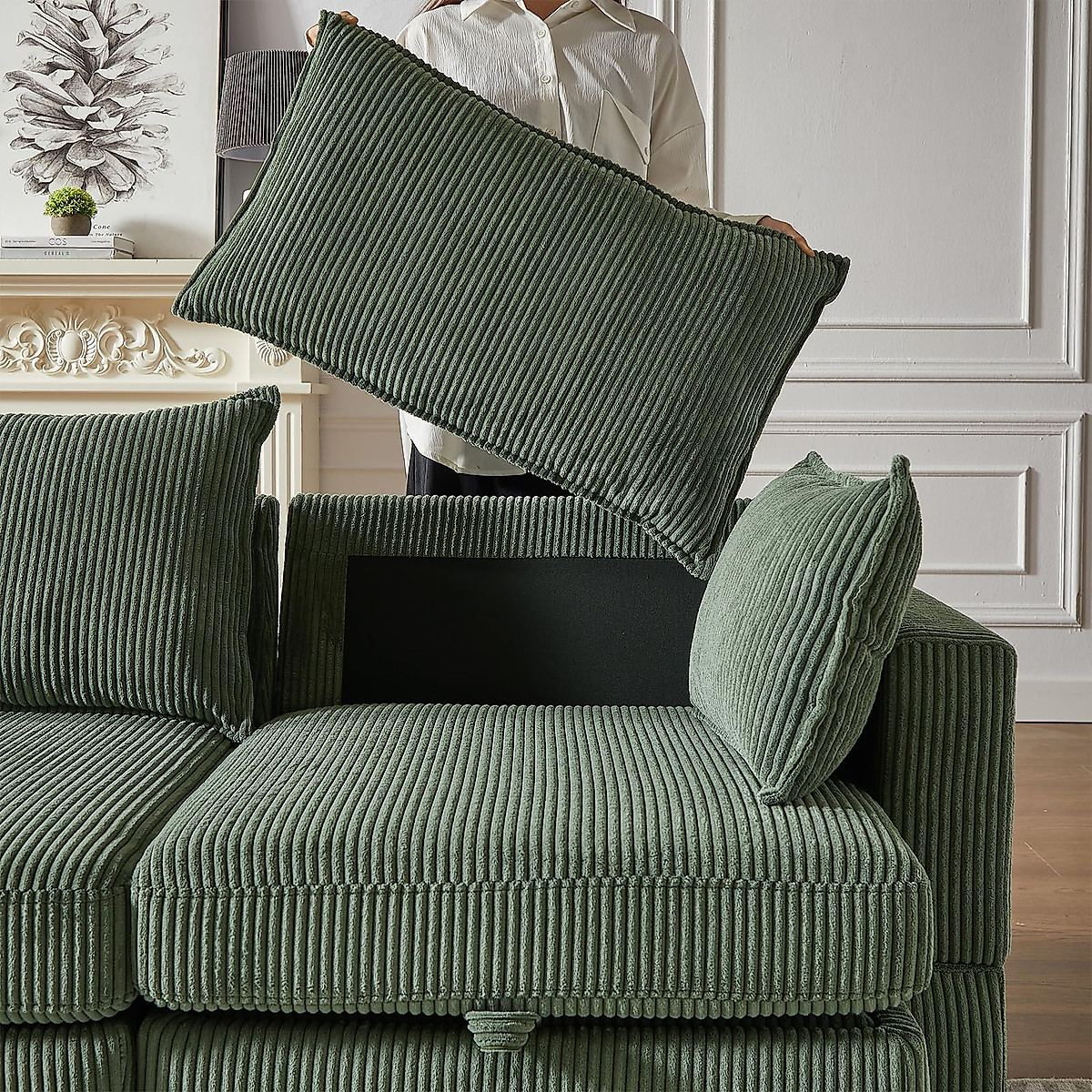 Antetek Modular Sectional Sofa Couches for Living Room, U Shaped Sleeper Sofa Bed with Storage Ottoman, Modern 6-seat Corduroy Convertible Couch with Chaise for Bedroom, Green