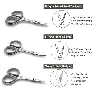 PAFASON Stainless Steel Mustache Beard Facial Nose Hair Trimming Scissor Set with Safety Cover and Leather Pouch Grey