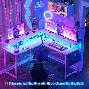 armocity L Shaped Computer Desk with Power Outlets, Gaming LED Lights, Corner Storage Shelves, Work Study for Bedroom, Home Office Small Spaces, 47'', Carbon Fiber Purple